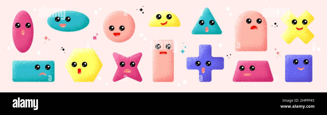 Cute geometric shapes. Funny character with eyes, round square and ...