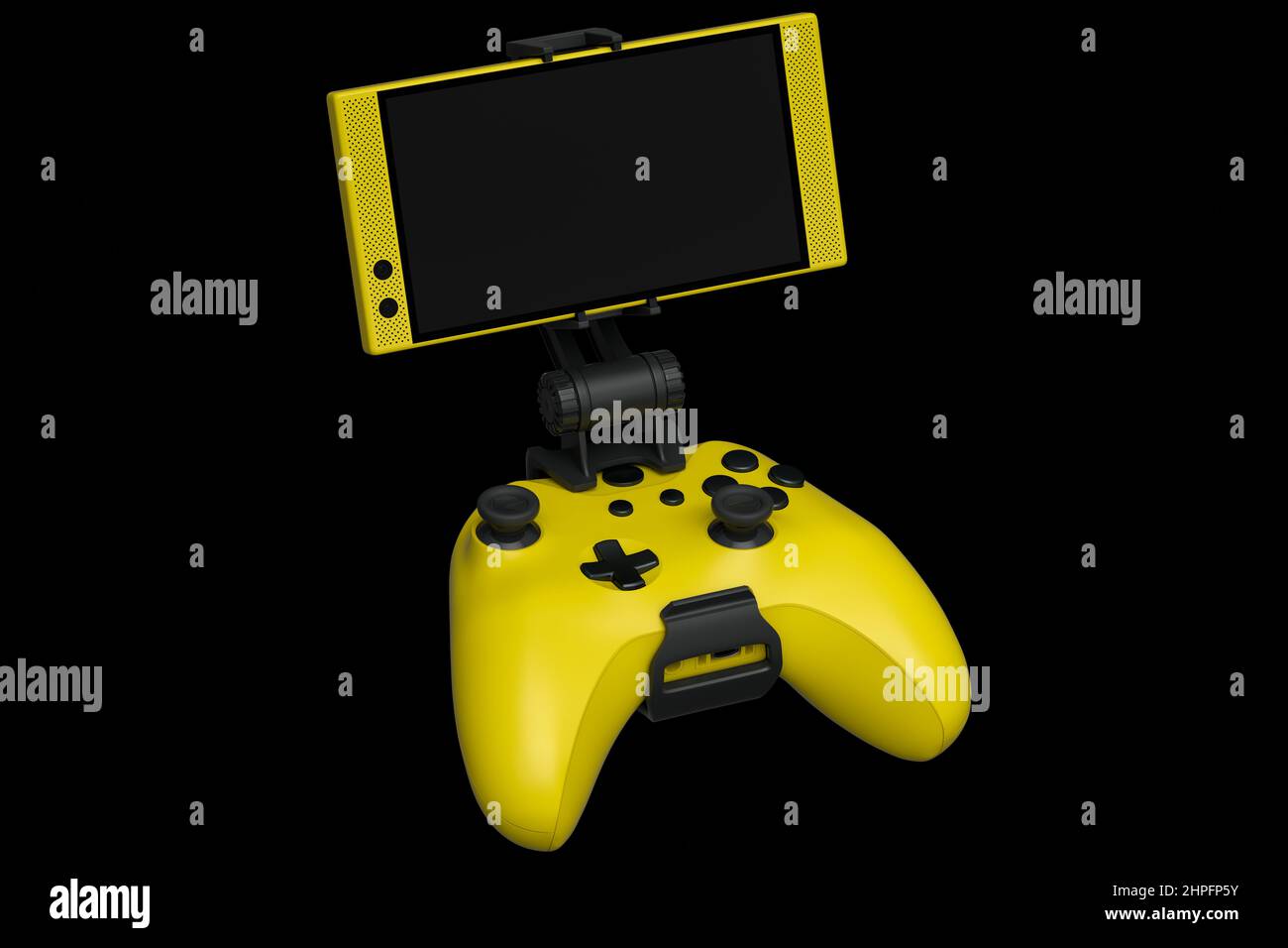 Realistic yellow joystick for playing games on mobile phone on black ...