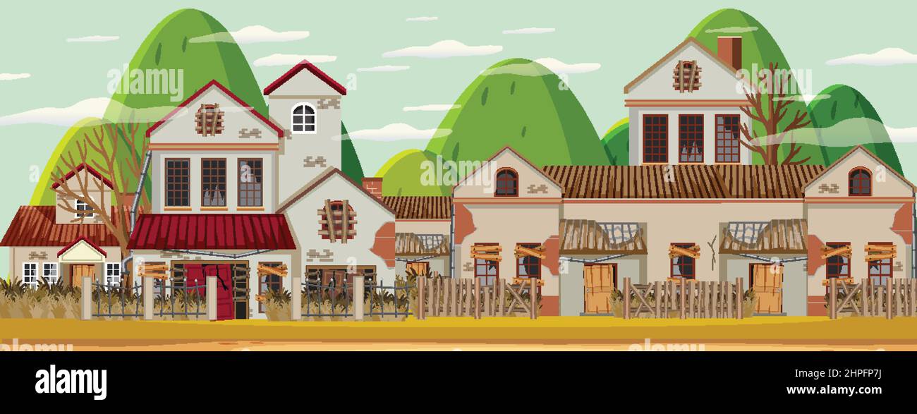 Empty rural town with broken houses illustration Stock Vector Image ...