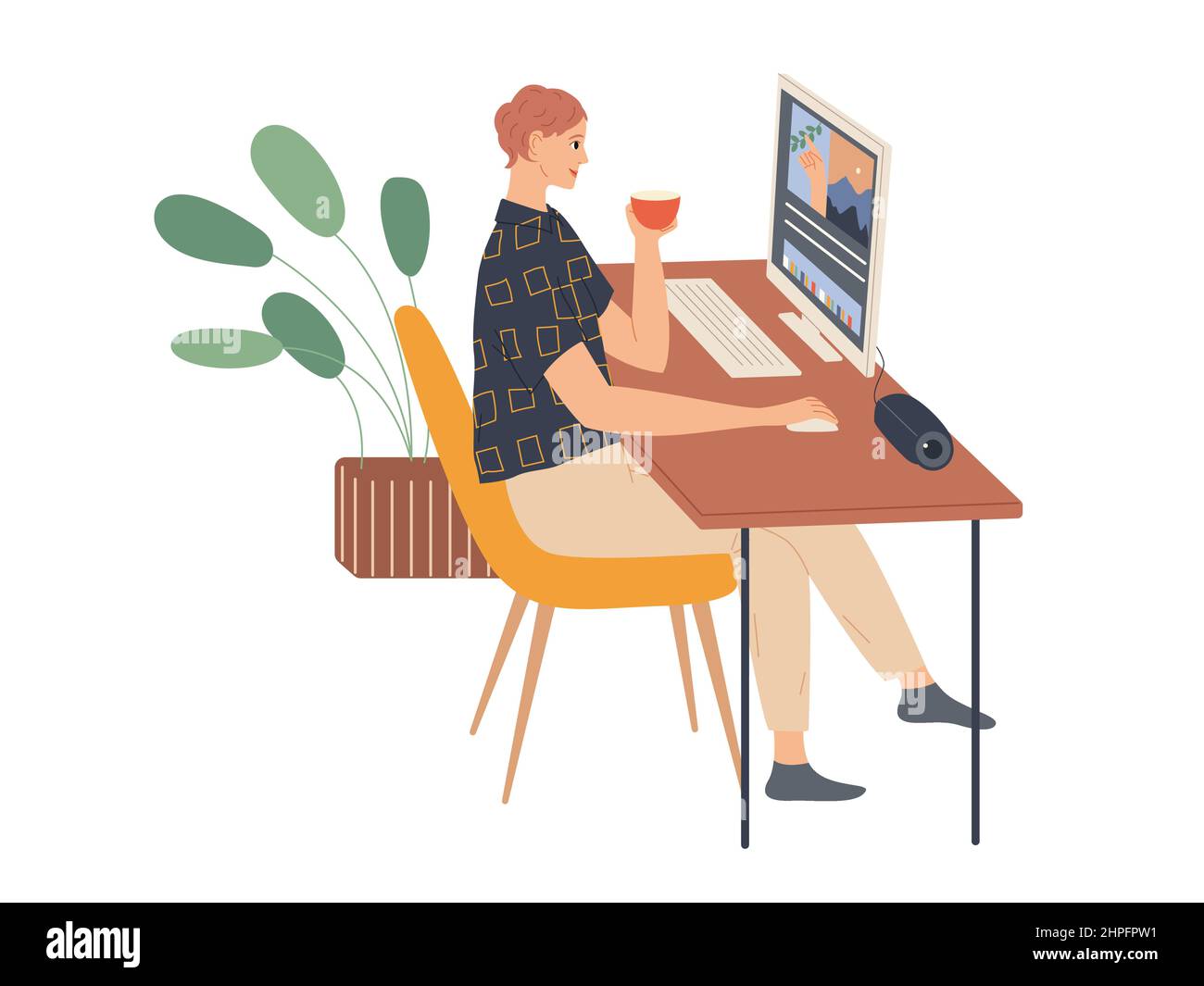 Woman works table vector Stock Vector Images - Alamy