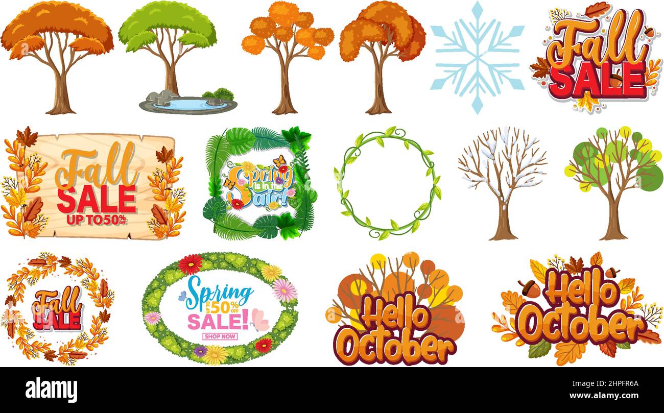 Set of four seasons trees and nature objects illustration Stock Vector ...