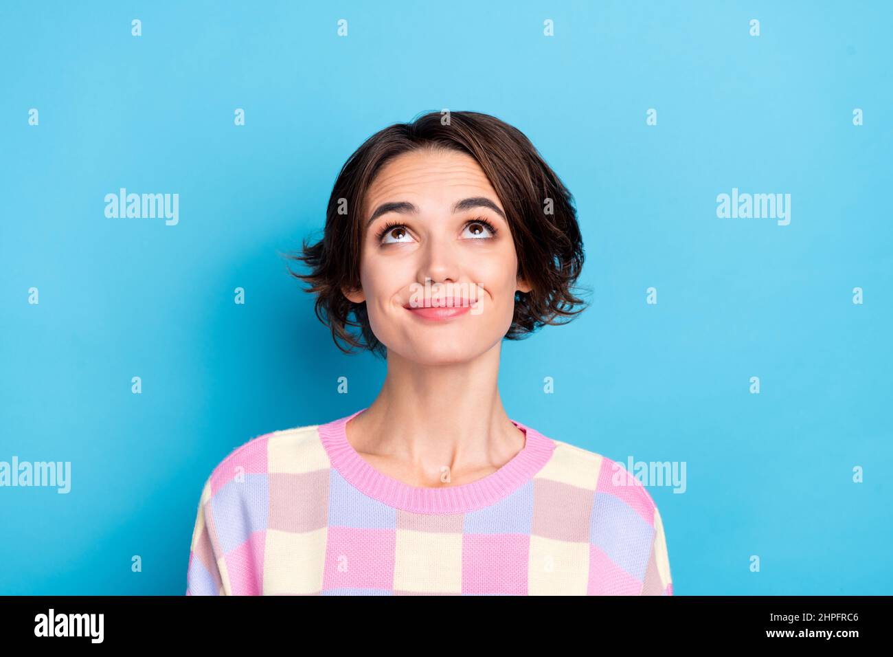 Photo of young lovely girl look empty space interested dreamy ...