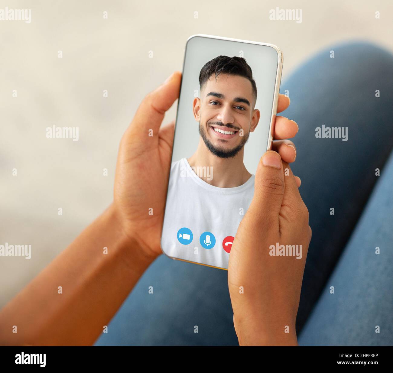 Virtual Communication Concept. Man Making Video Call With Young Arab ...