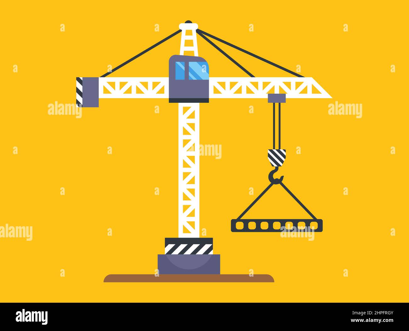 A yellow construction crane lifts a load on a hook. flat vector ...