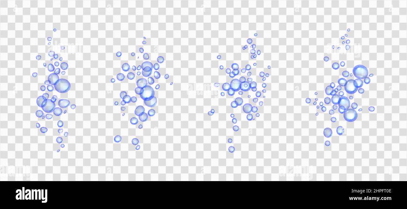 Effervescent water or oxygen fizz, blue air bubbles realistic 3d vector illustration. Moving ...