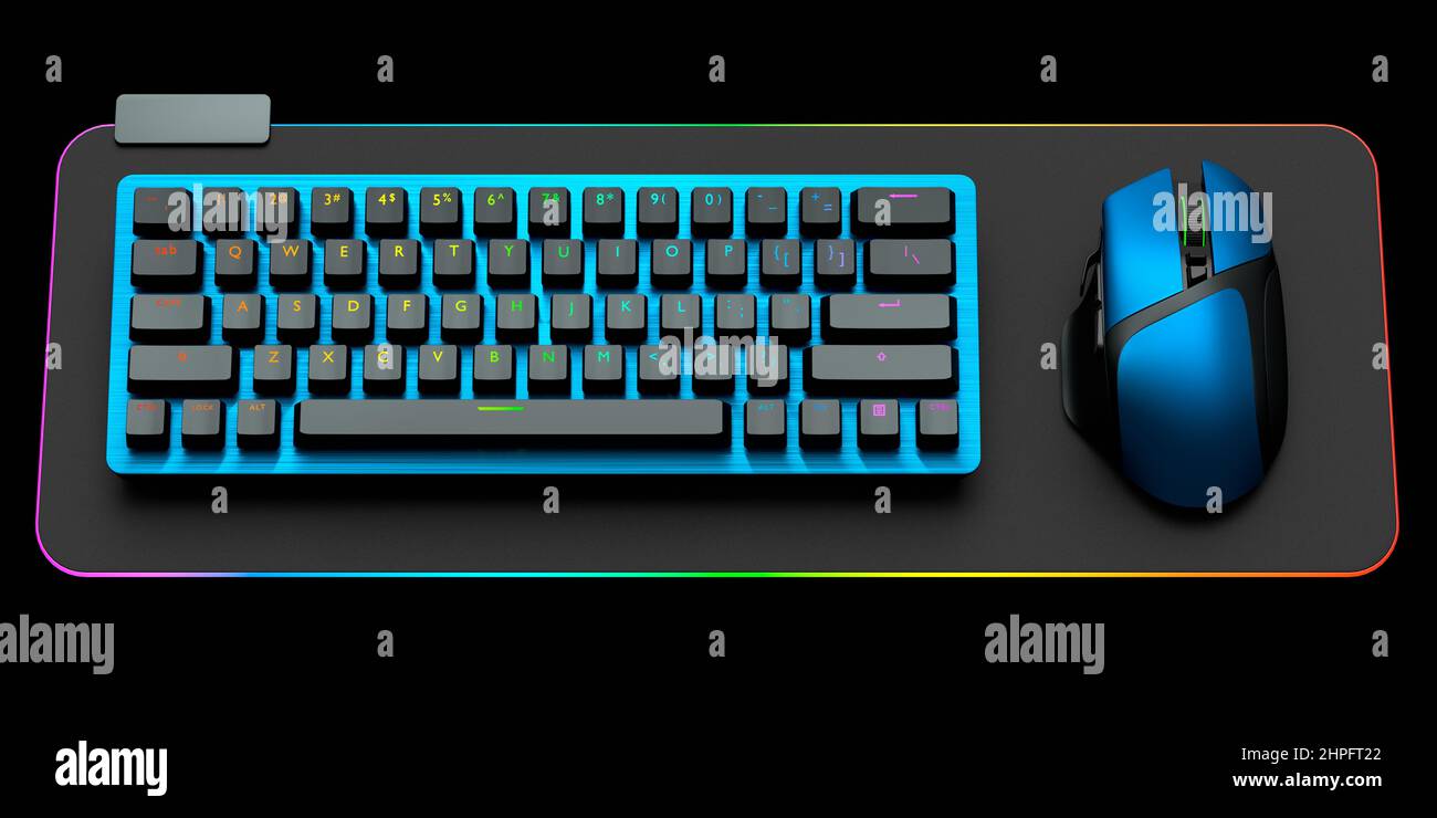 Computer keyboard and mouse on professional pad isolated on black ...
