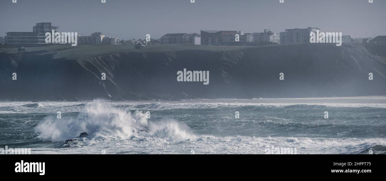 A panoramic image of wild seas in Newquay Bay as Storm Eunice batters ...