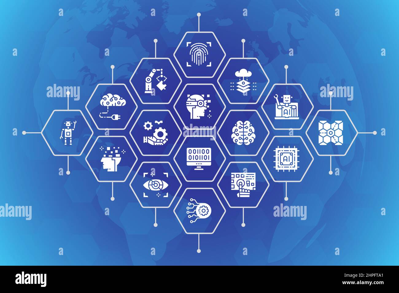 Artificial Intelligence vector illustration. Robotics, Chatbot, Database, Big Data line icons ...