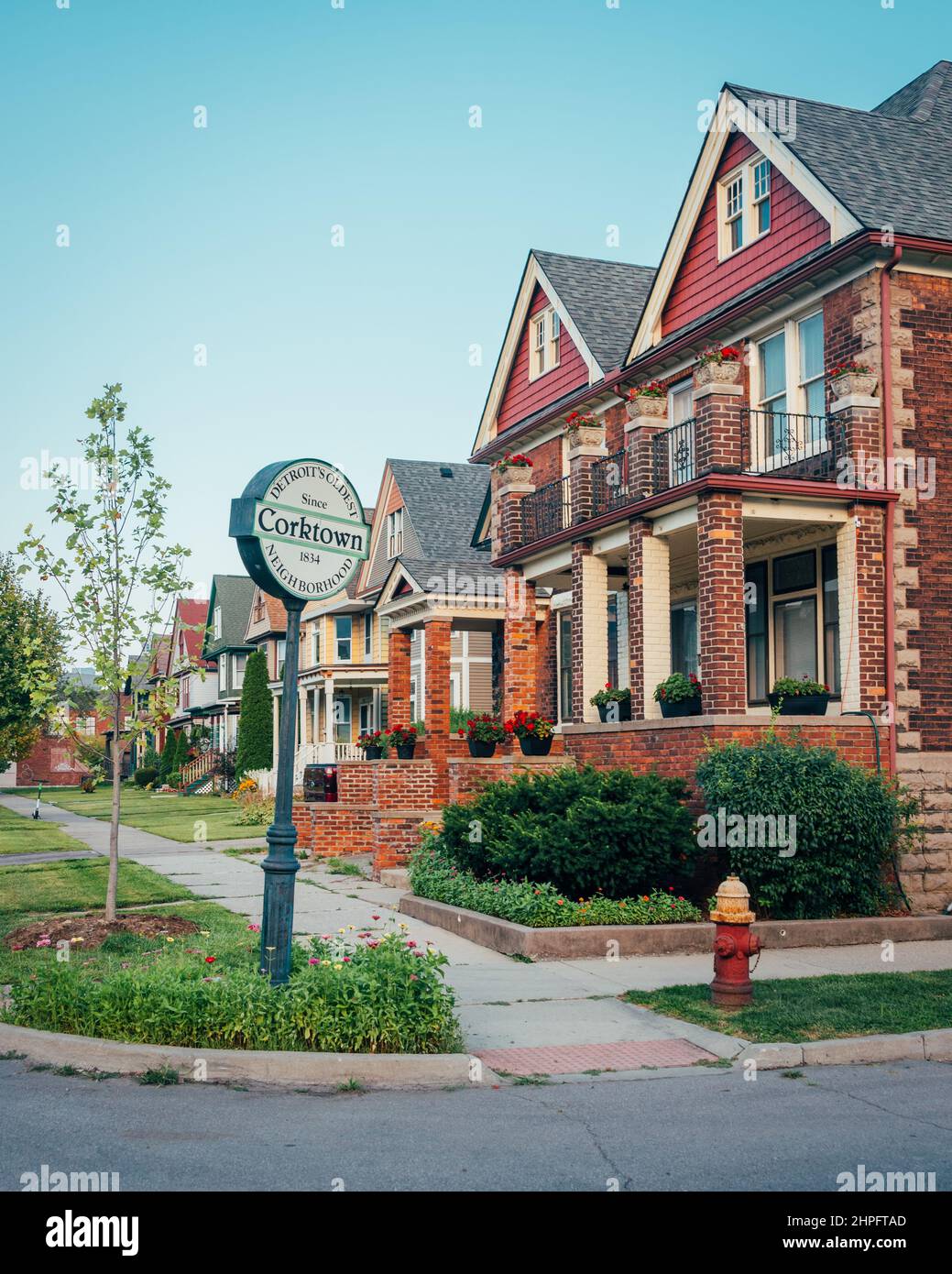 Historic houses with Corktown sign, in Corktown, Detroit, Michigan ...