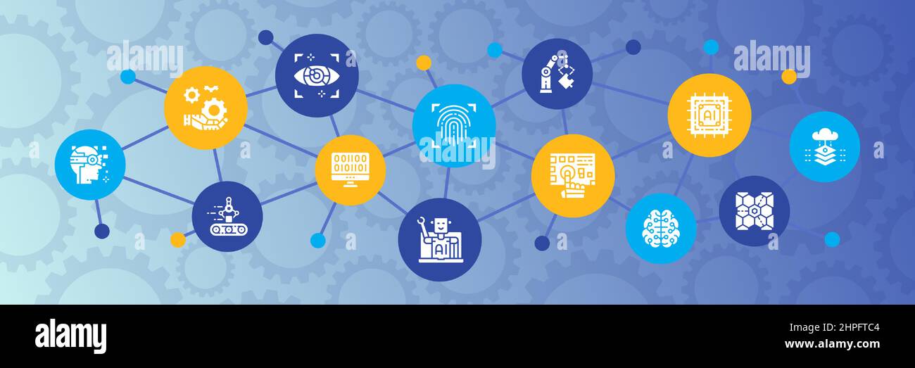 Artificial Intelligence web banner with white icons set. Robotics, Chatbot, Database, Big Data ...