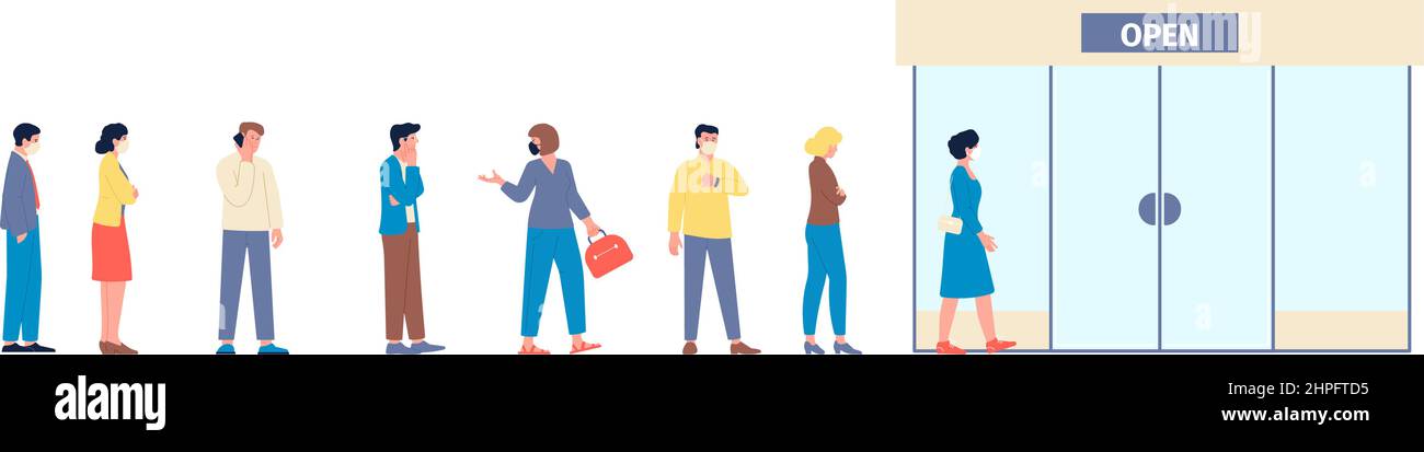 People waiting line. Long row customers want to enter in door. Queue ...