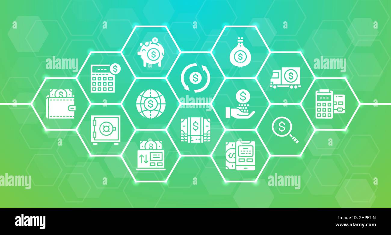 Money and Banking modern icons line banner. Credit Card, Currency ...