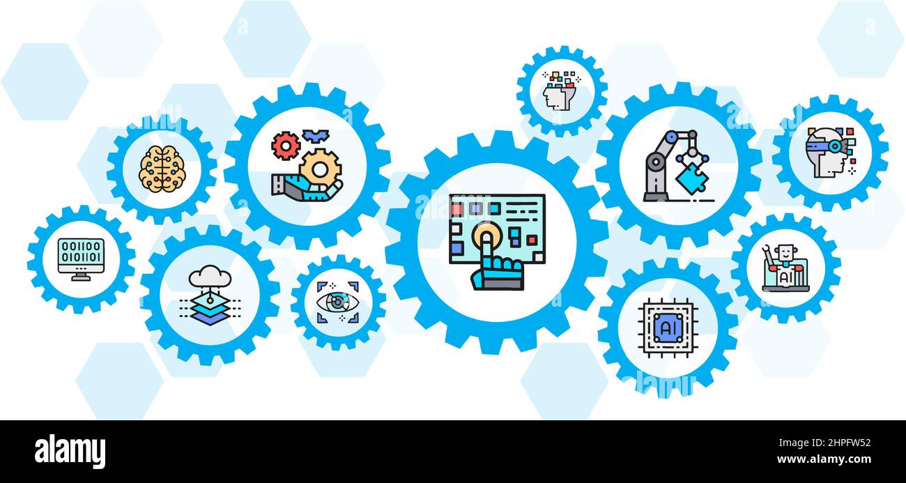 Artificial Intelligence colored icons vector banner. Robotics, Chatbot, Database, Big Data web ...