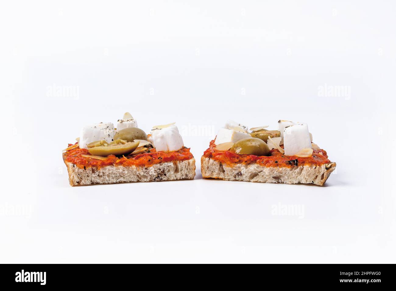 Delicious sandwich with natural organic bread, white cheese, ajvar ...