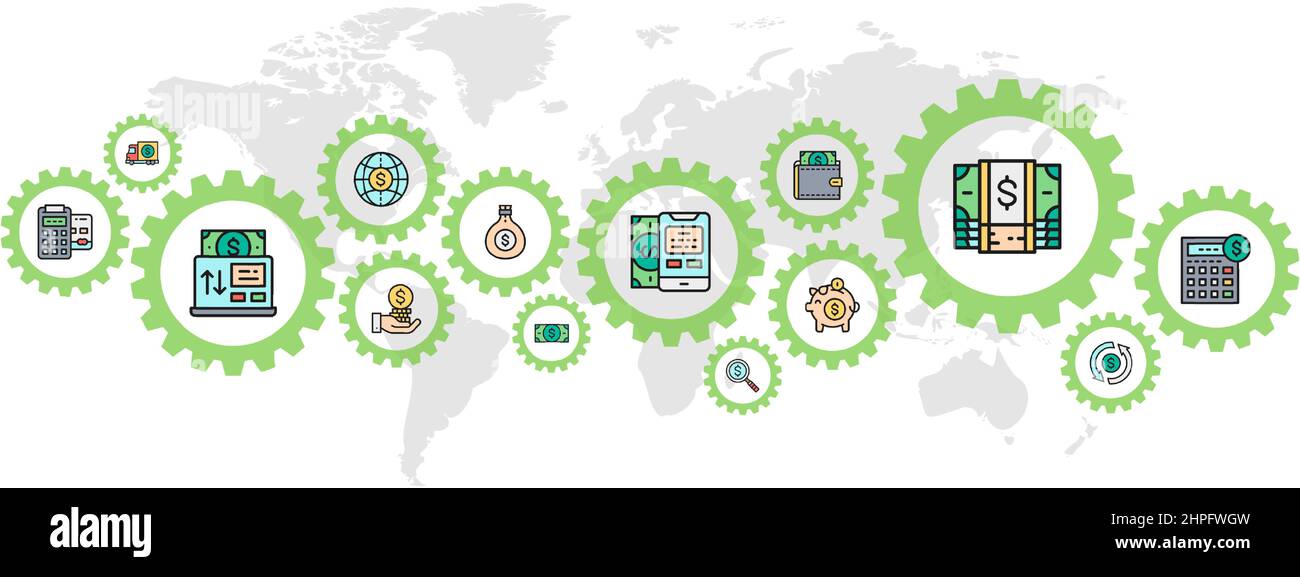Money and Banking banner with colored web icons. Credit Card, Currency ...