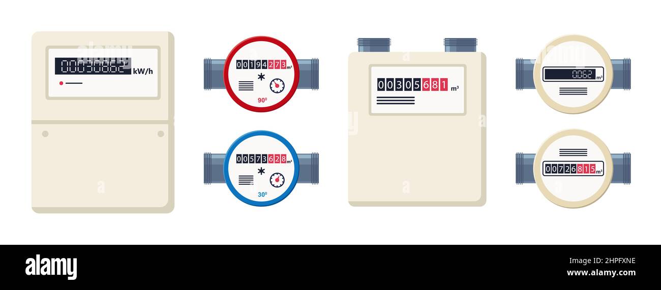 Gas, water and electric meters. Industrial and household meters set ...
