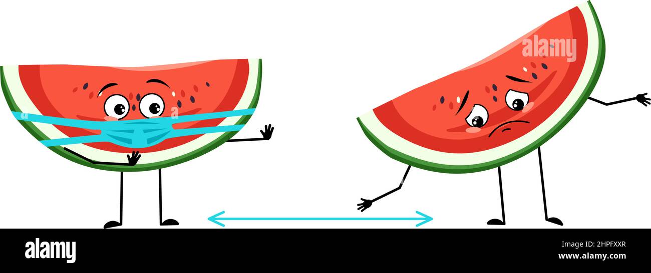 Watermelon character with sad emotions, face and mask keep distance ...