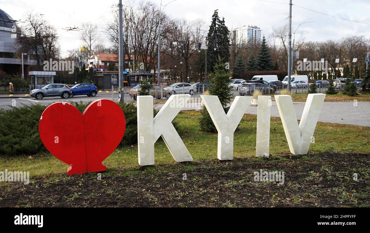 Kyiv, Ukraine - November 20 2021: I love Kyiv sign near main street in ...