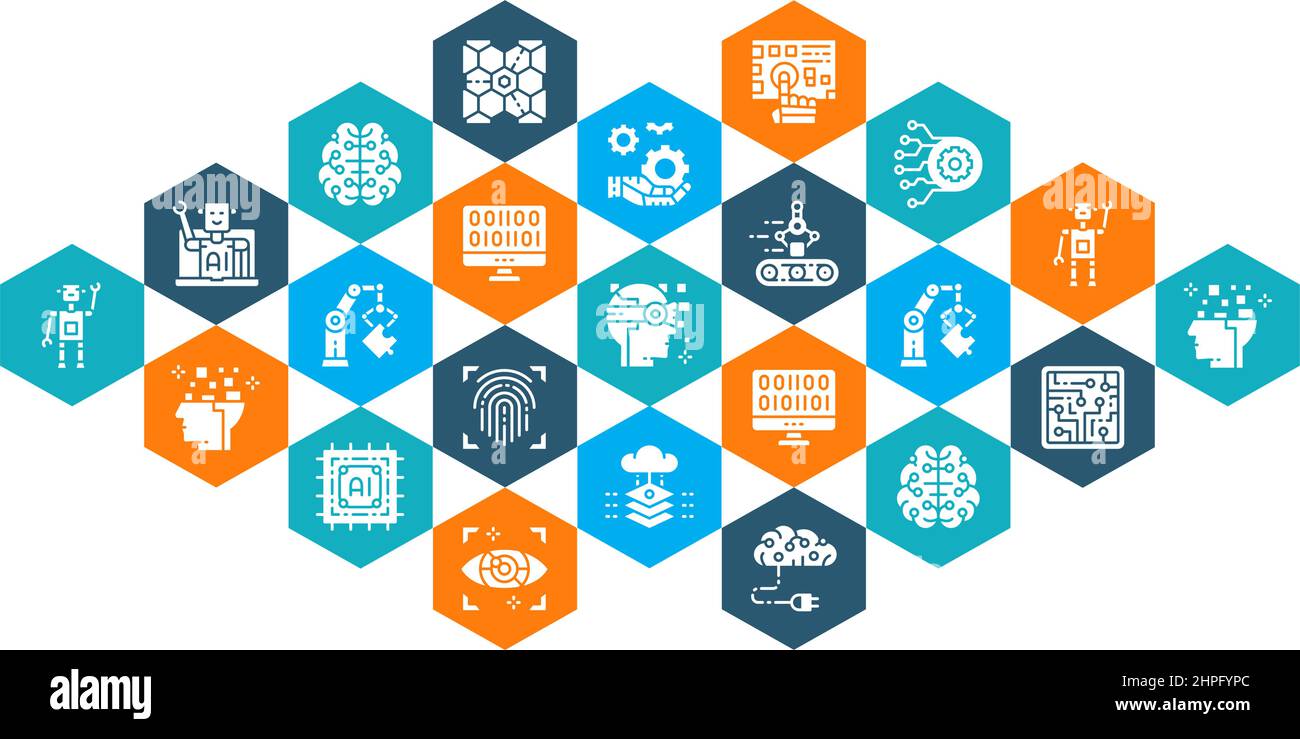 Artificial Intelligence line design web banner. Robotics, Chatbot, Database, Big Data ...