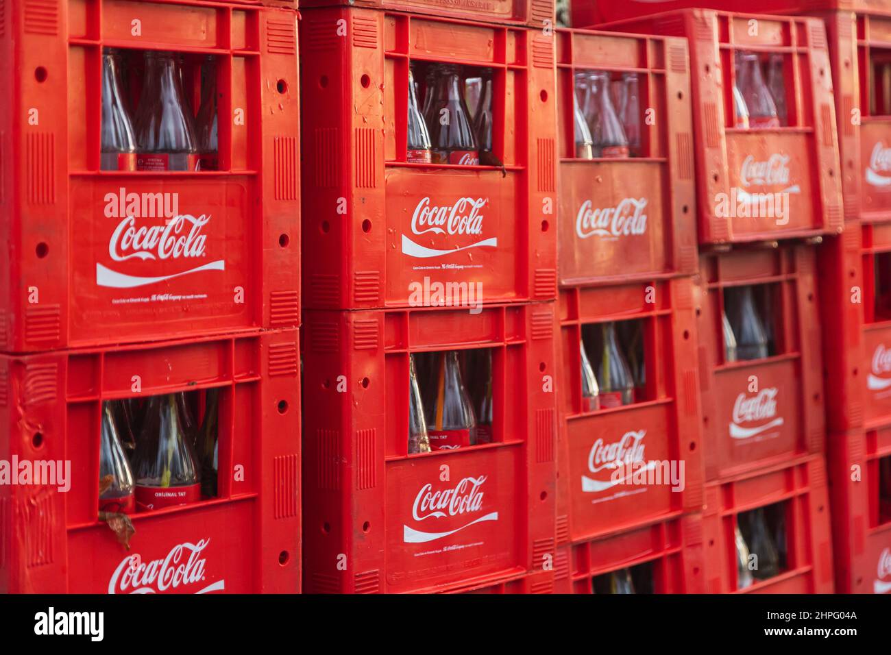 Side, Turkey -January 30, 2022: close-up of empty glass bottles of coca ...