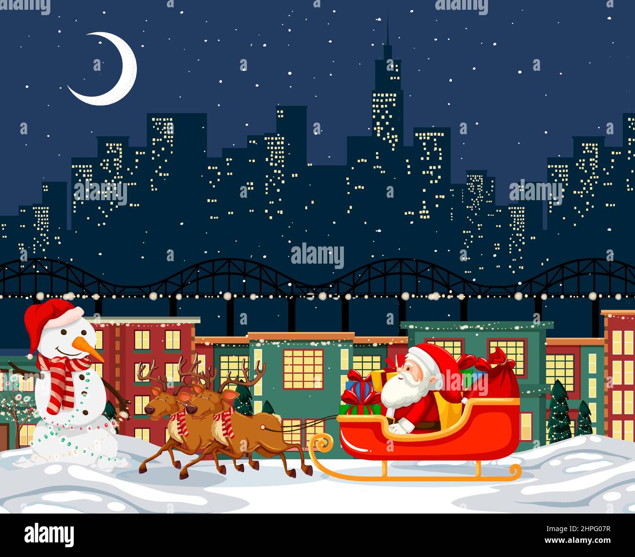 Santa Claus on sleigh with reindeer at night scene illustration Stock ...