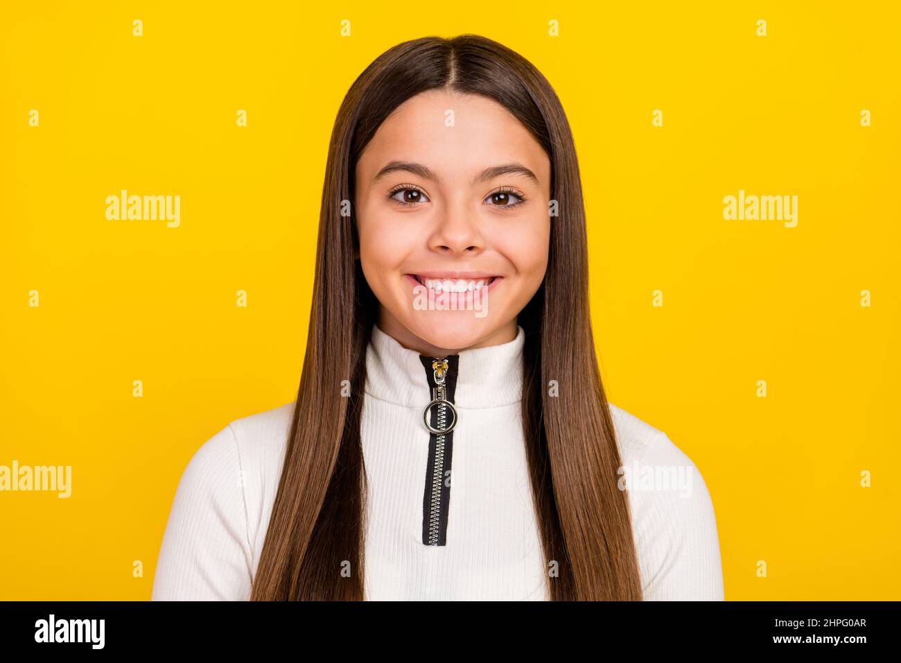 Photo of charming shiny preteen girl dressed white zipper shirt smiling ...