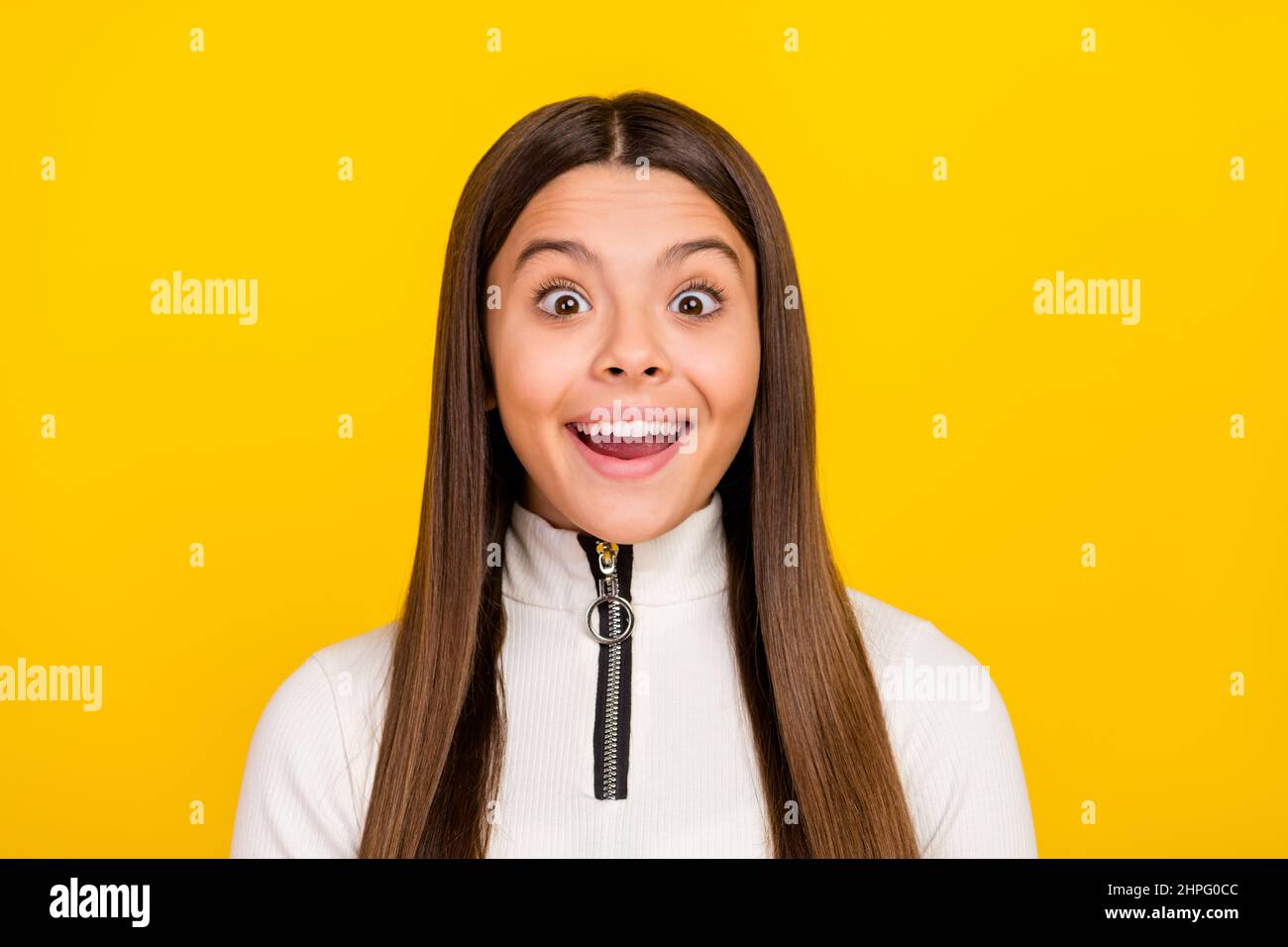 Photo of shiny impressed preteen girl dressed white zipper shirt open ...