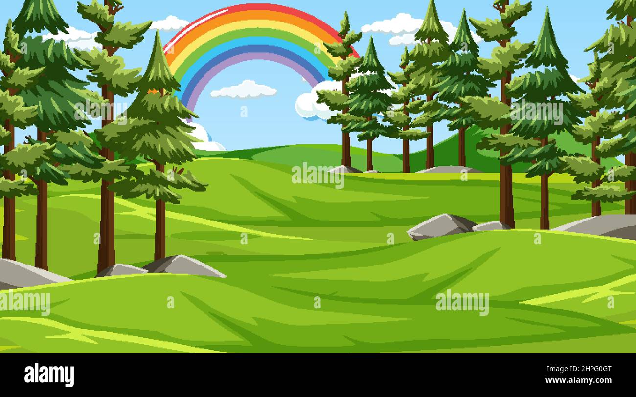 Nature forest scene with rainbow in the sky illustration Stock Vector ...