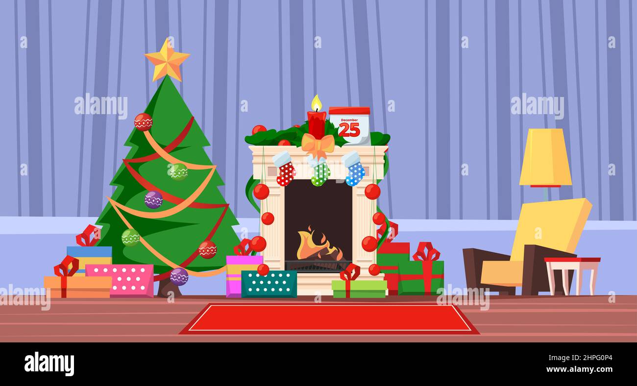 Fireplace. Celebration xmas decoration interior with cozy warm place ...