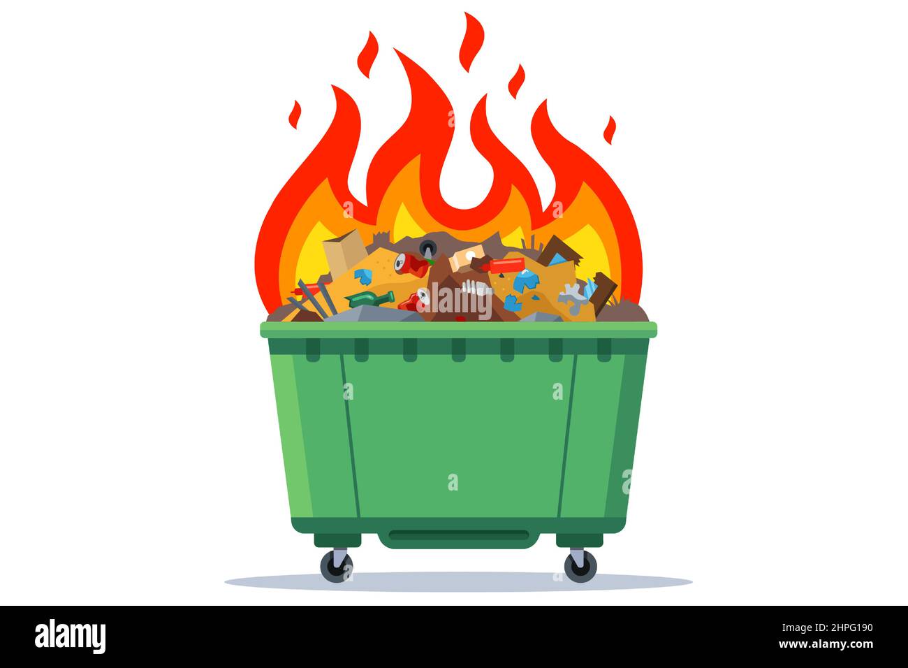 burning waste bin. flat vector illustration. green container Stock ...