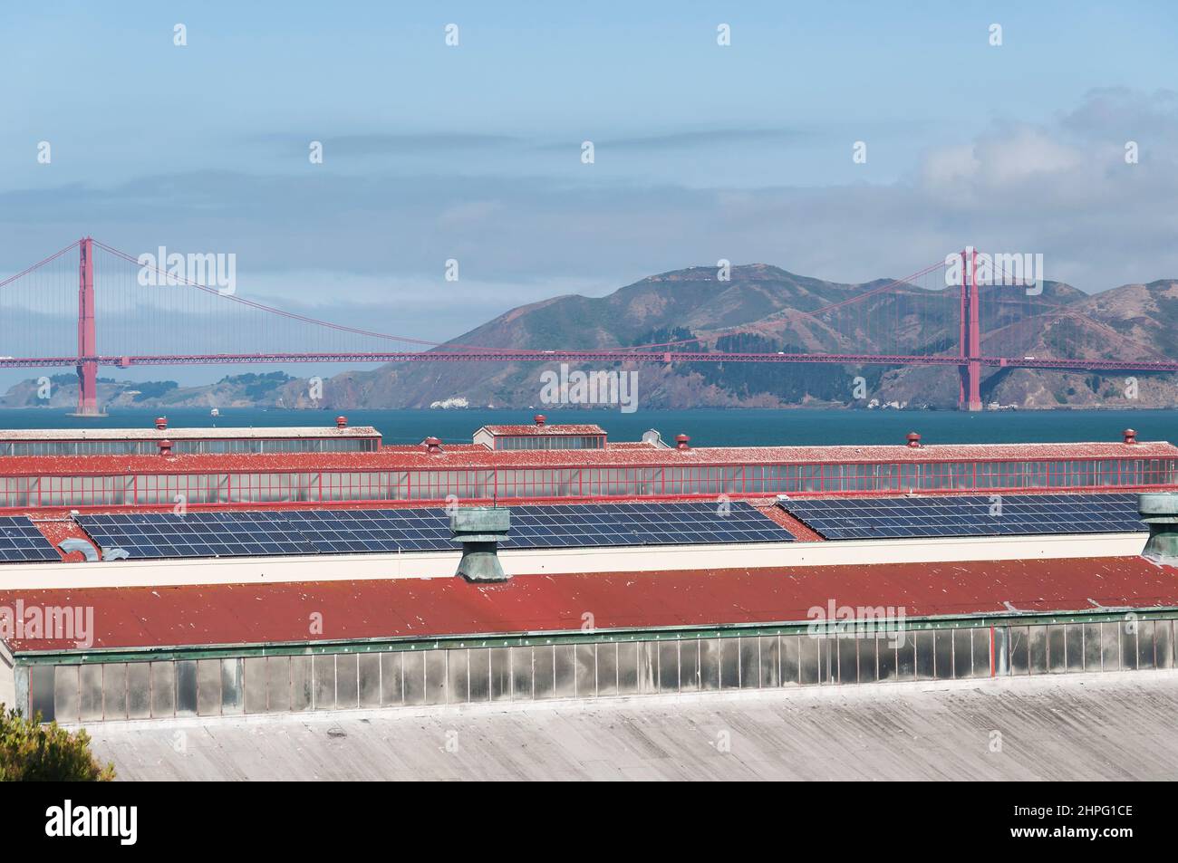 The historic converted buildings of Fort Mason with the golden gate ...