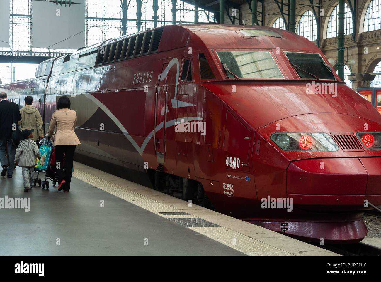 Paris, France, TGV Train, Red, Thalys, Eurostar SNCF, Gare de Nord Train Station, People on ...