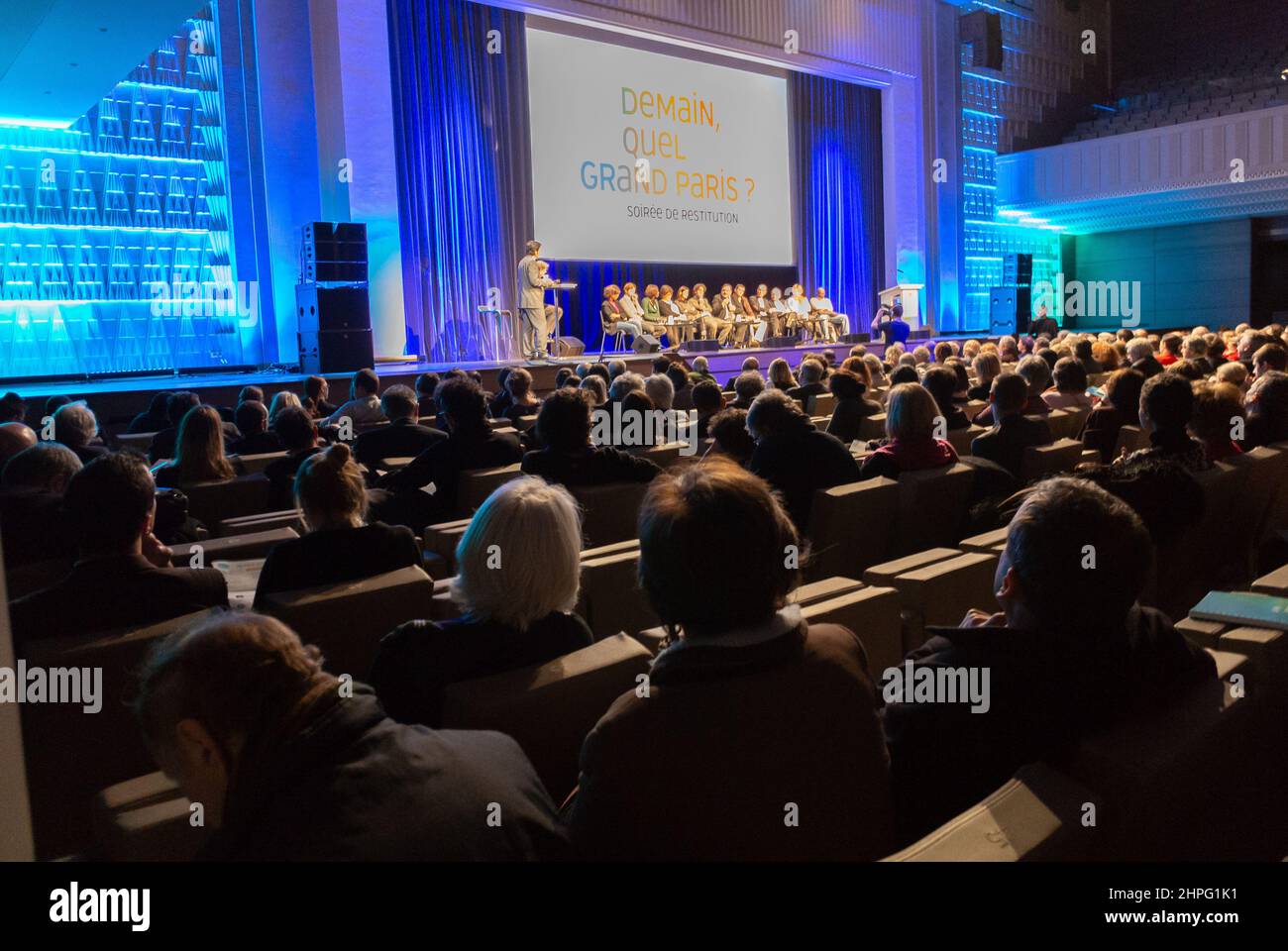 Paris, France, Large Crowd of People, Sitting from behind, Audience ...