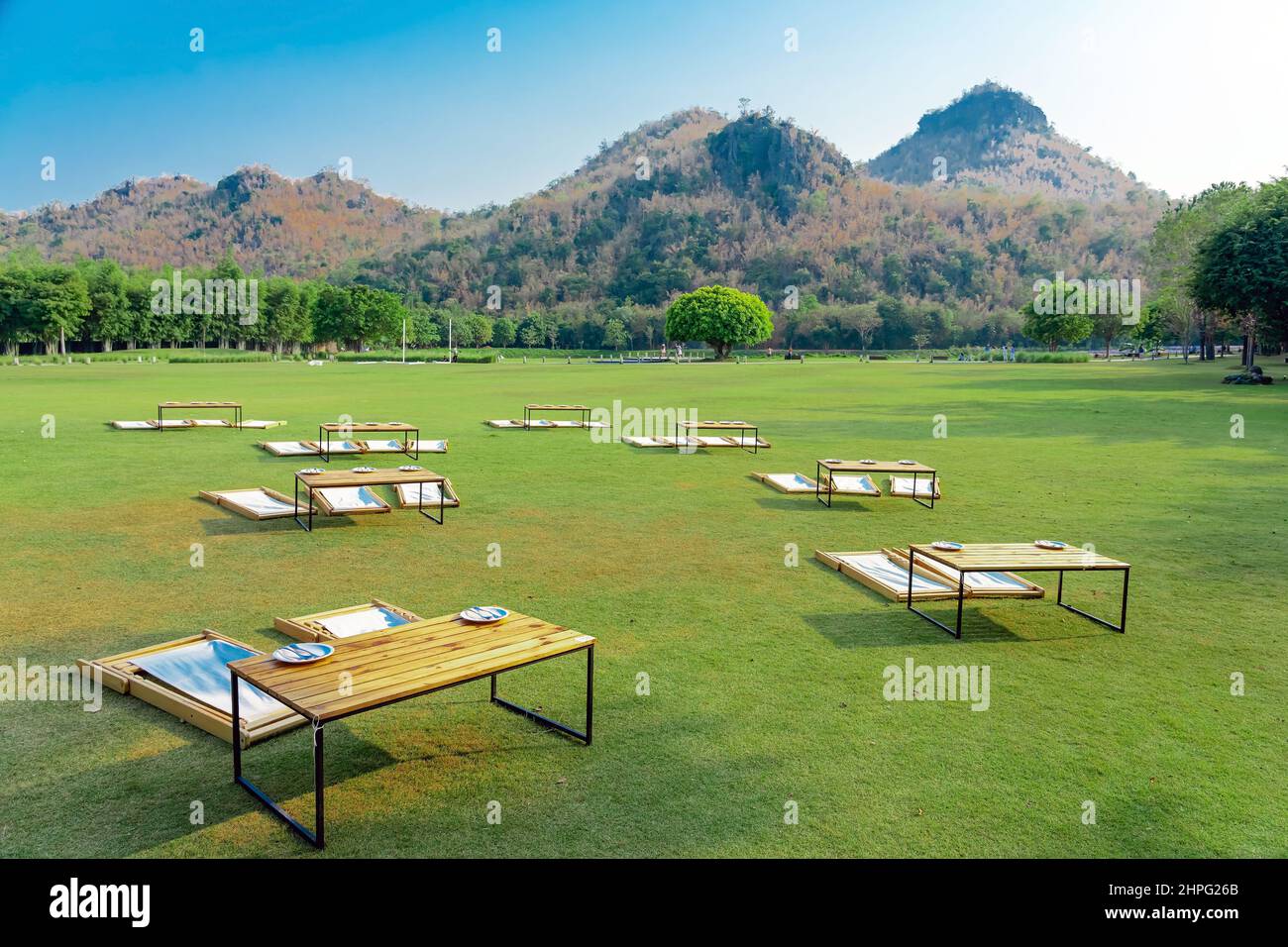 Many dining table set on lawn is surrounded by shady green grass with ...