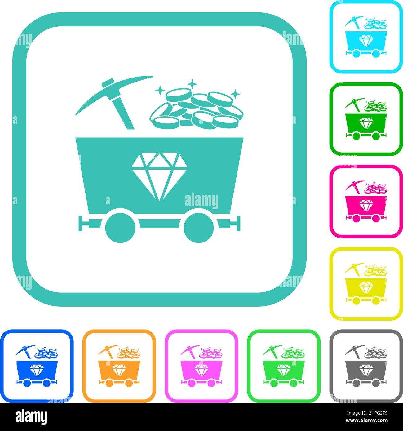 Diamond mining with treasure vivid colored flat icons in curved borders ...