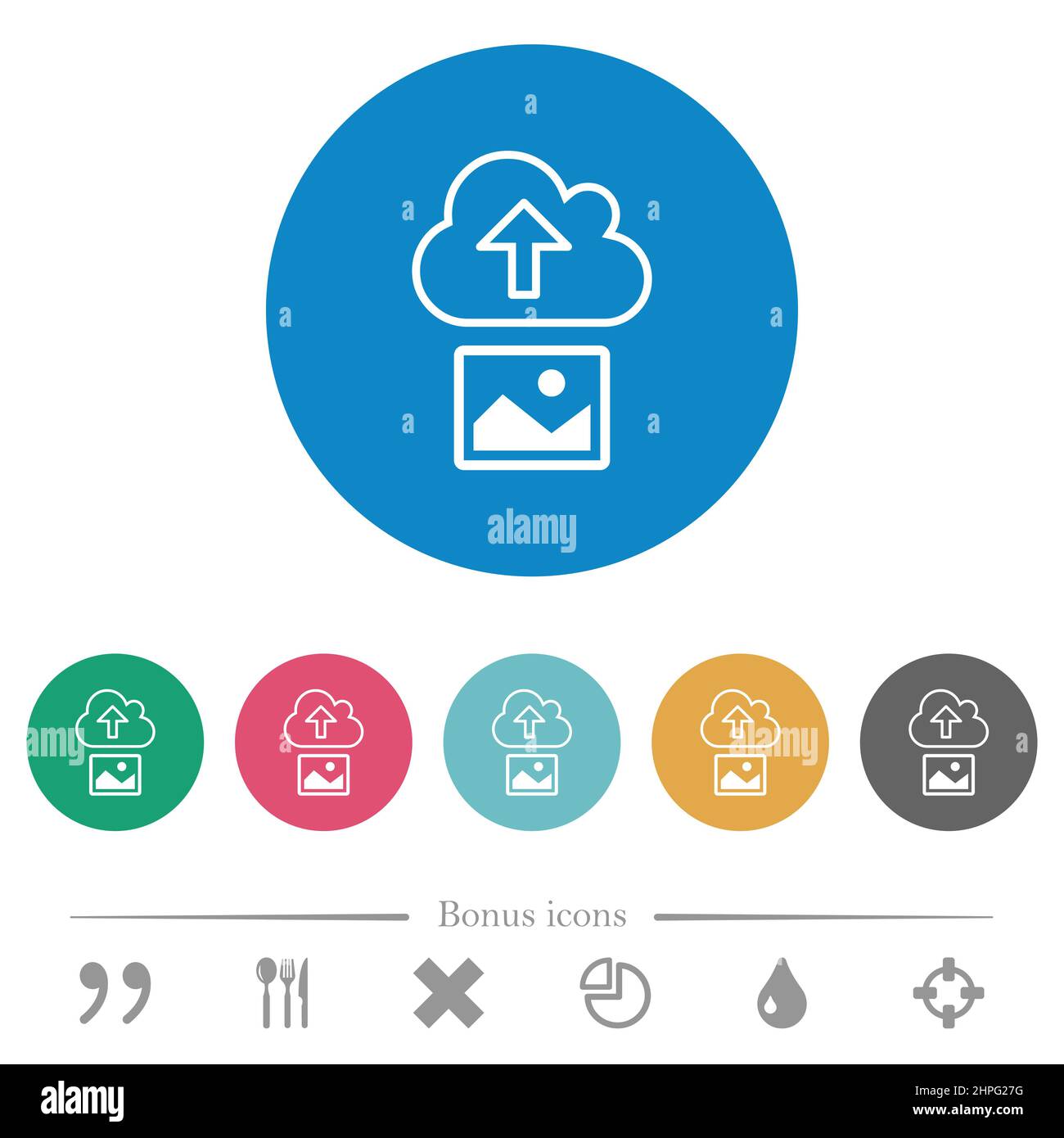 Upload image to cloud outline flat white icons on round color ...