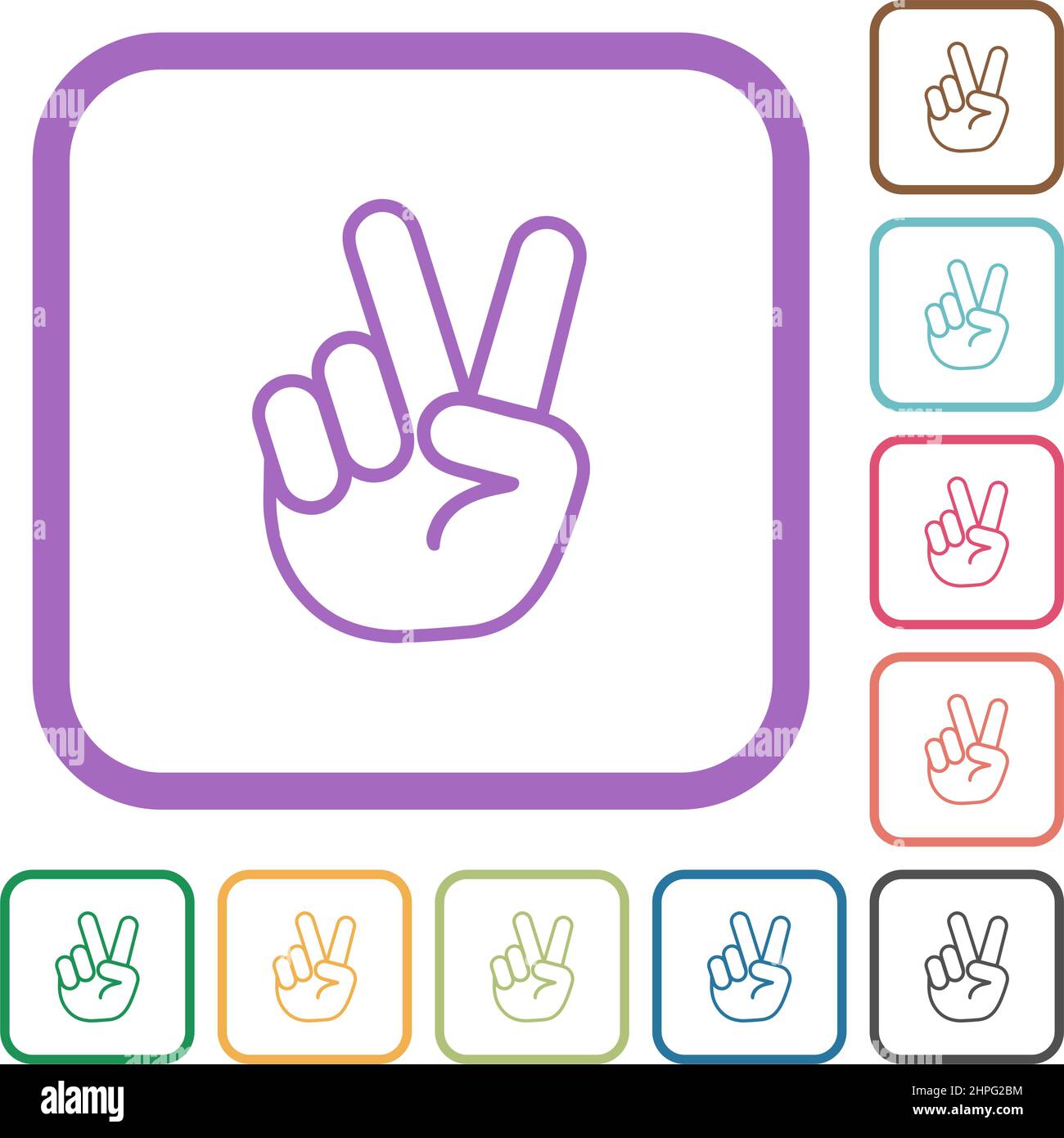 Victory sign hand gesture simple icons in color rounded square frames ...