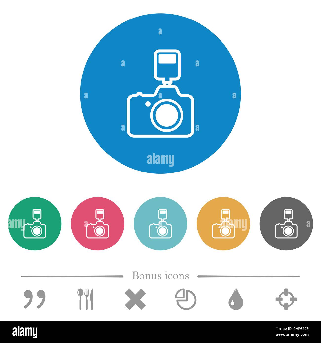 Camera with flash outline flat white icons on round color backgrounds ...