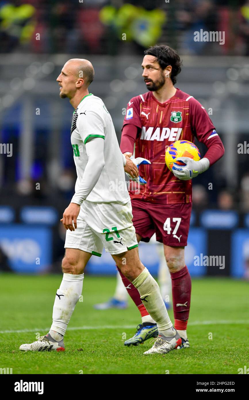 Milano, Italy. 20th Feb, 2022. Goalkeeper Andrea Consigli (47) and Vlad ...