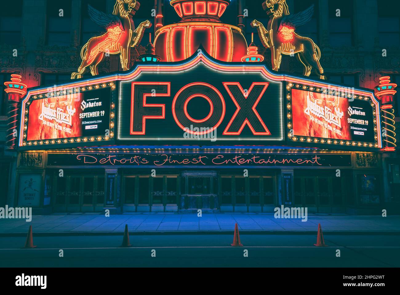 Fox Theater sign at night, in downtown Detroit, Michigan Stock Photo ...