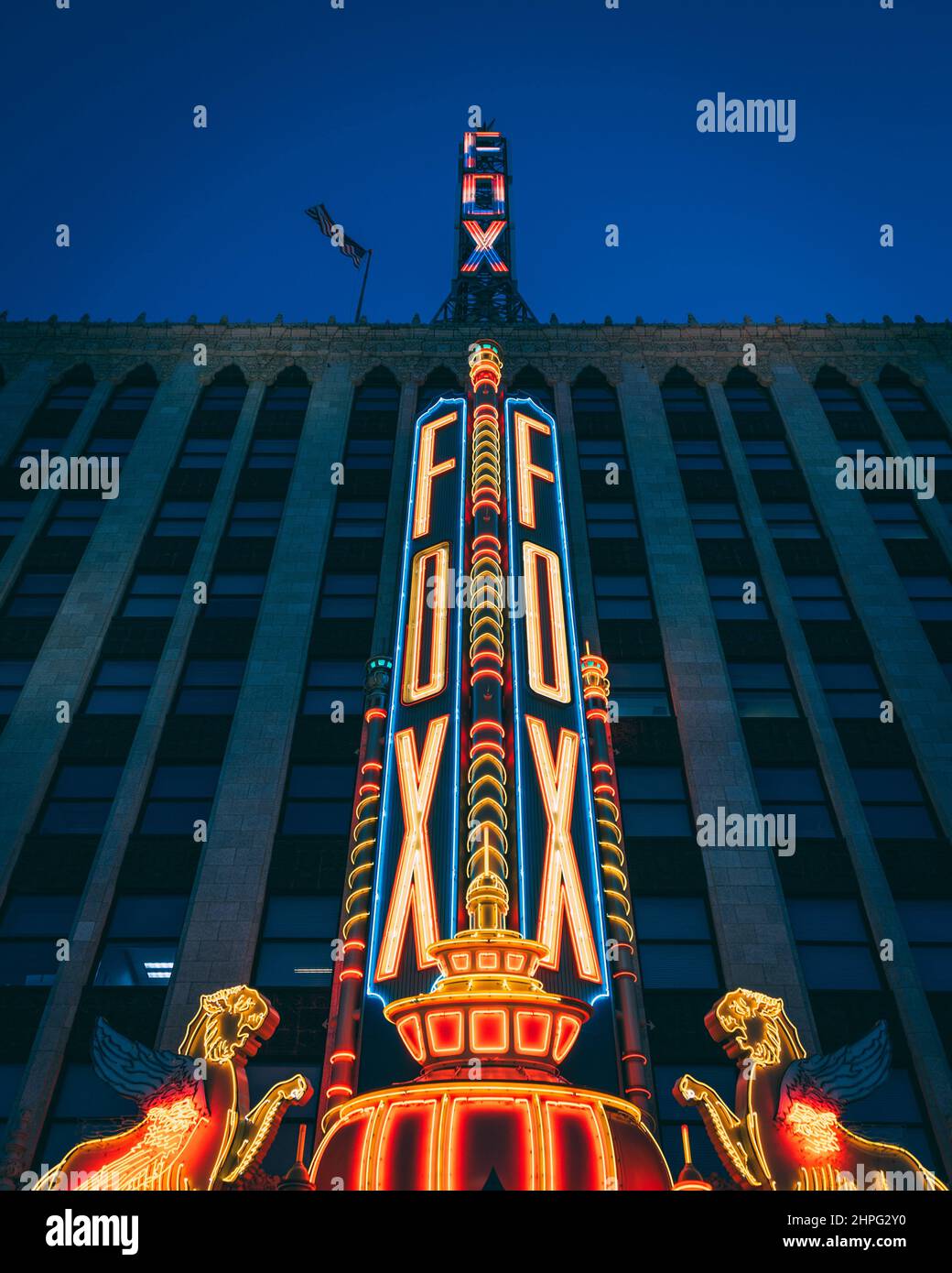Fox Theater sign at night, in downtown Detroit, Michigan Stock Photo ...