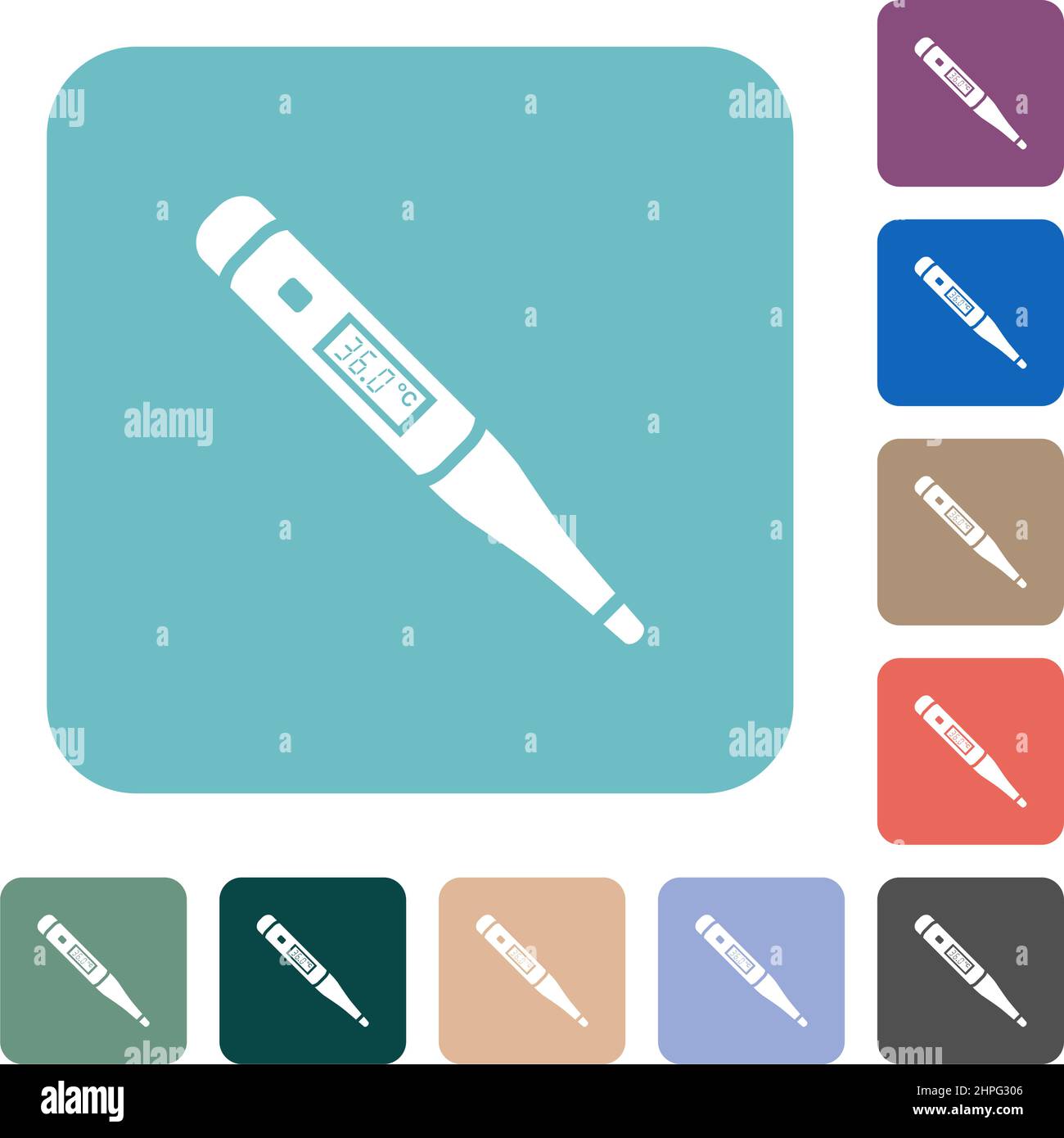 Digital thermometer white flat icons on color rounded square ...