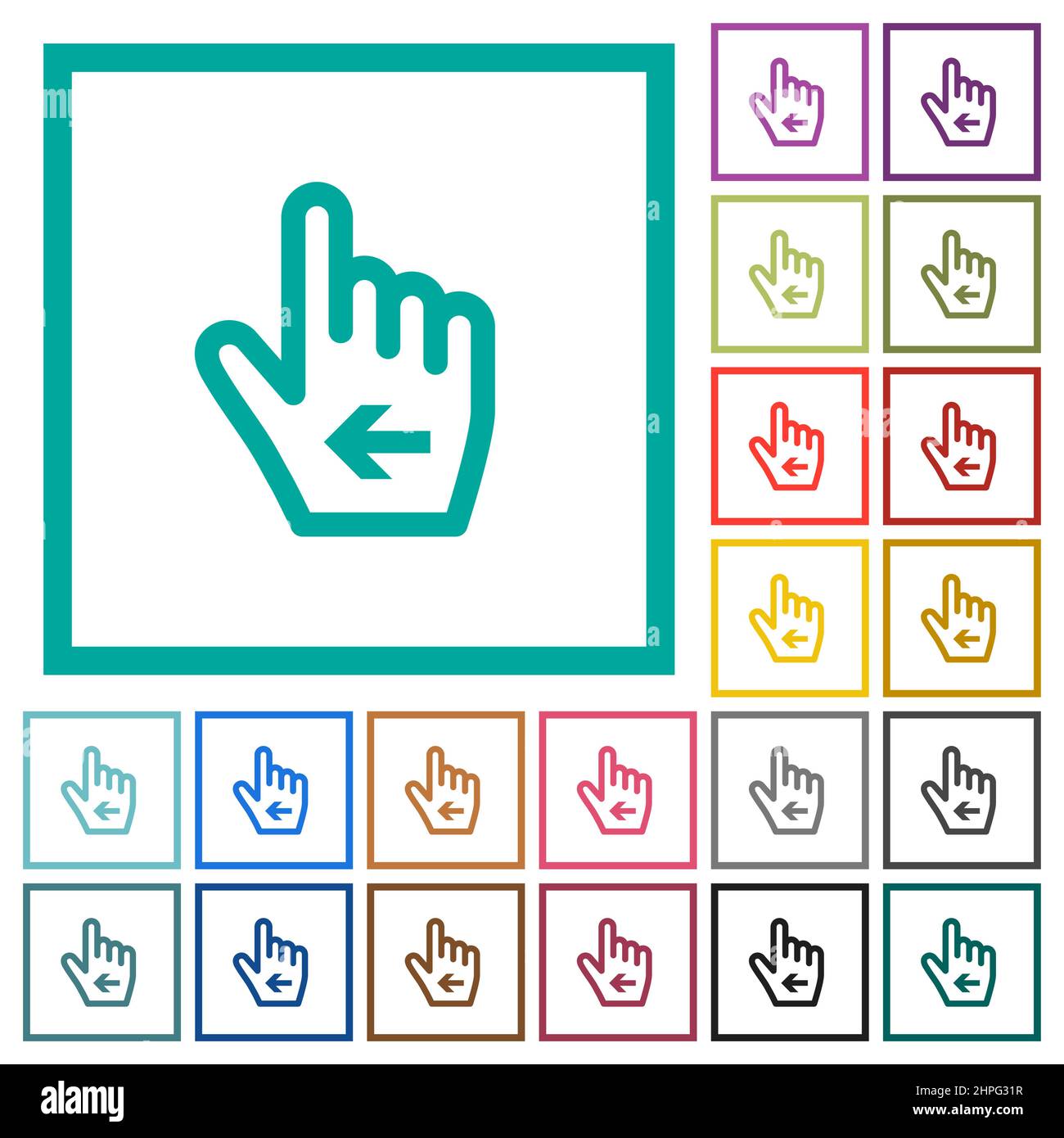 Hand cursor left outline flat color icons with quadrant frames on white ...
