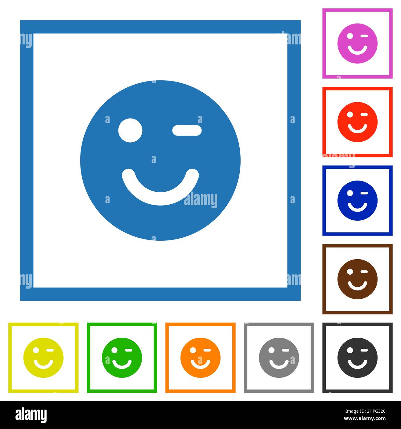 Winking emoticon solid flat color icons in square frames on white ...
