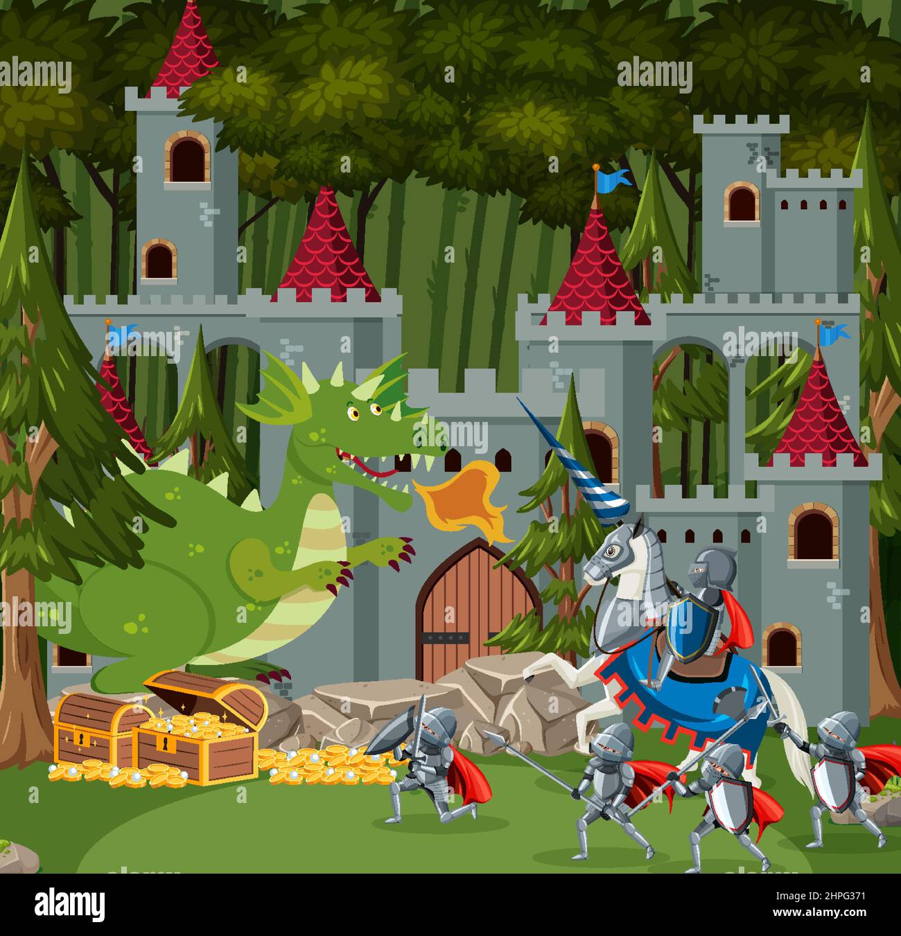 Medieval warriors fighting with ancient dragon illustration Stock ...