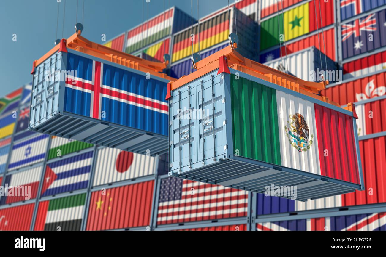 Cargo containers with Mexico and Iceland national flags. 3D Rendering ...