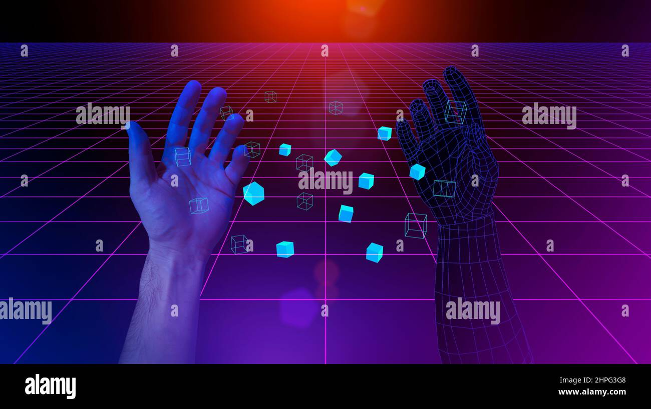 Metaverse background concept. 3D hands in virtual reality VR are ...