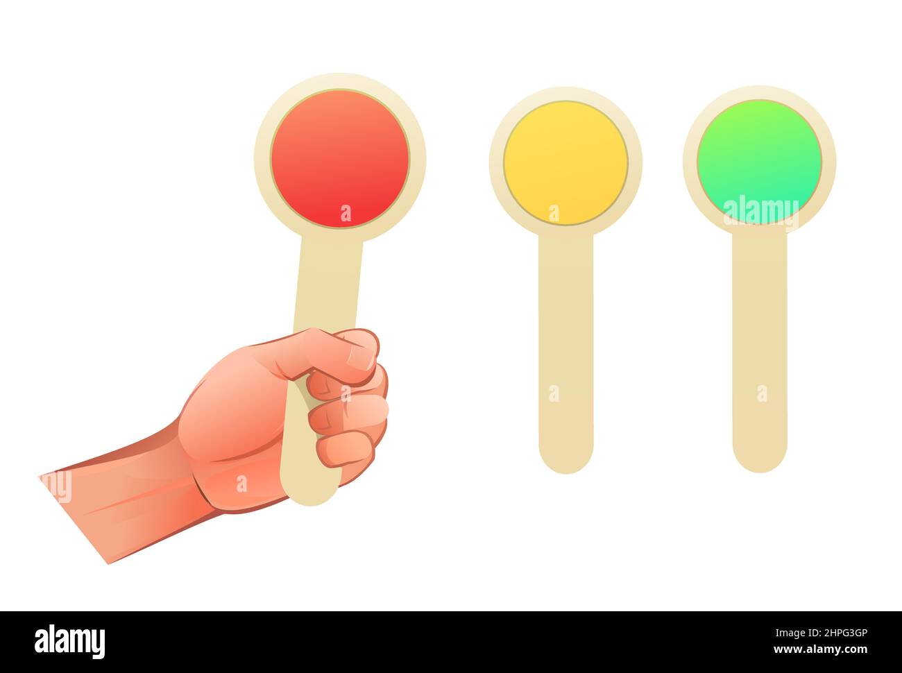 Left hand with signal flag of train conductor from railway. Object ...