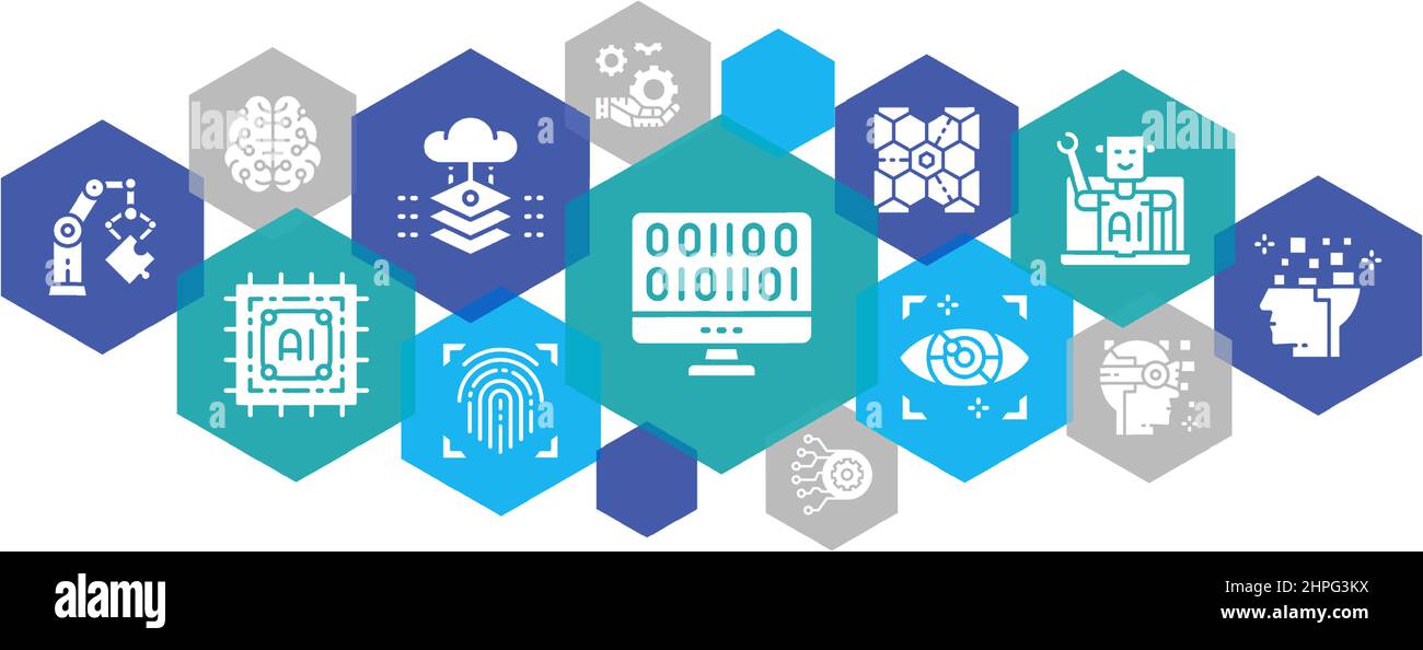 Artificial Intelligence web banner. Robotics, Chatbot, Database, Big Data vector horizontal line ...