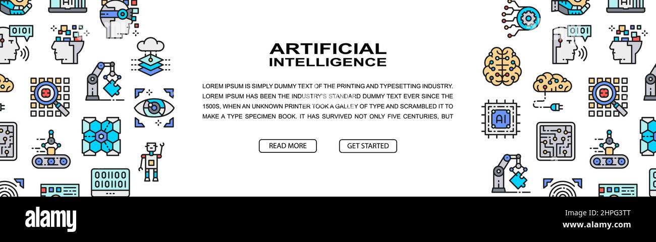 Artificial Intelligence horizontal colorful banner. Robotics, Chatbot, Database, Big Data ...